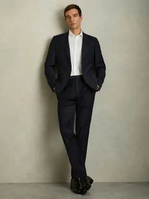 REISS Slim-fit Wool-blend Textured Tailored Trousers - Navy