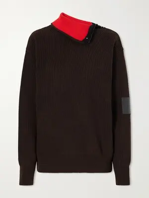 Loewe Zip-detailed Leather-trimmed Ribbed Wool-blend Turtleneck - Brown