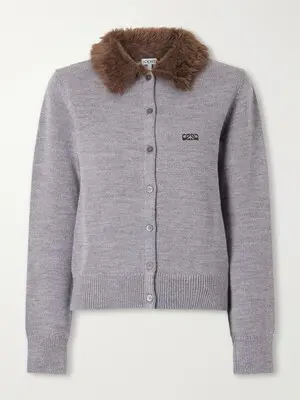Loewe Plush-trimmed Logo-embroidered Wool Cardigan