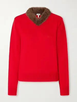 Loewe Plush-trimmed Ribbed Wool Sweater - Red