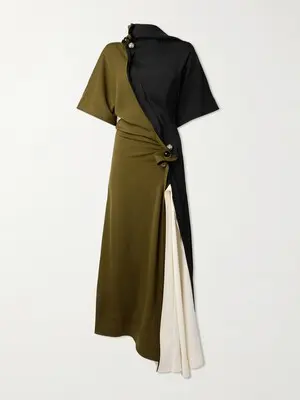 Bottega Veneta Draped Asymmetric Colour-block Satin Midi Dress
