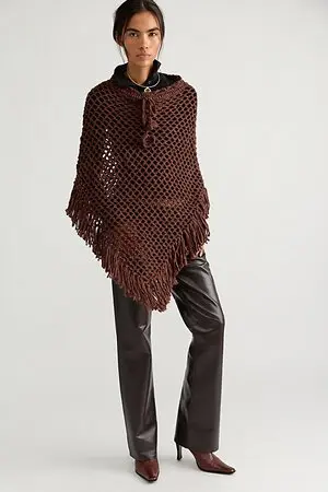 Free People Crochet Poncho Jacket With Fringe Trim - Ganache