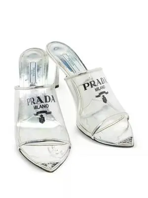 Prada Tone Metallic Triangle Logo Slide Sandals - Silver
