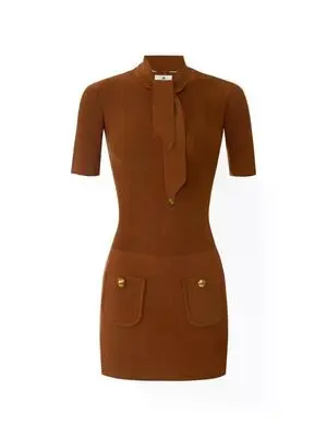 Elisabetta Franchi Knit Mini Dress With Jewel Buttons And Scarf Detail - Brown