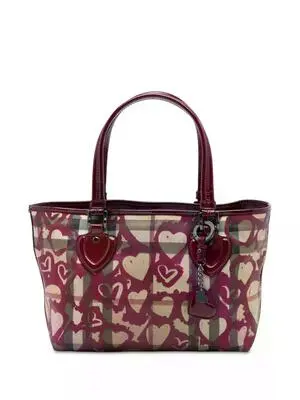 Burberry 2000-2017 House Check Coated Canvas Hearts Gracie Tote Bag - Red