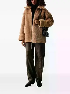Pinko Shearling-effect Pea Coat With High Neck - Neutrals