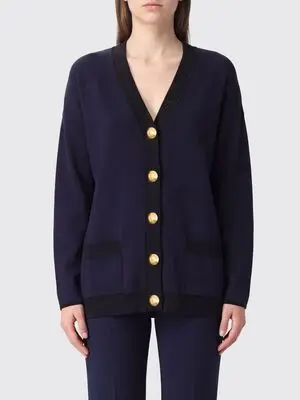 Elisabetta Franchi Virgin Wool Cardigan With Contrast Trims And Logo - Blue
