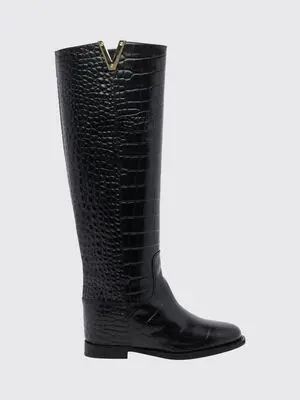 VIA ROMA 15 Crocodile-embossed Leather Knee-high Wedge Boots - Black