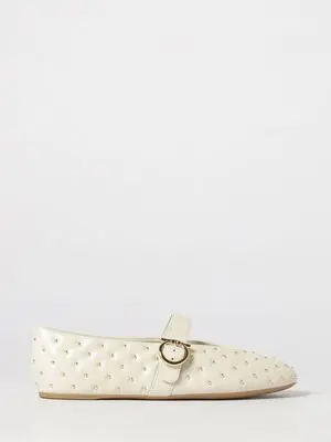 FERRAGAMO Gancini Buckle Studded Nappa Leather Mary Jane Flats - Ecru
