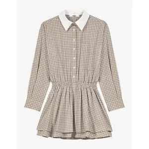 Maje Checked Rhinestone-embellished Cotton Mini Dress - Beige