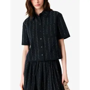 Maje Rhinestone-embellished Short-sleeve Stretch Cotton-blend Shirt