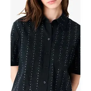 Maje Rhinestone-embellished Short-sleeve Stretch Cotton-blend Shirt