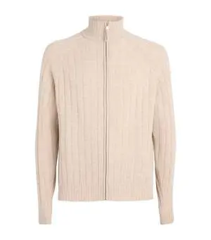 ALLUDE Rib-knit Wool-cashmere Zip-up Cardigan - Beige