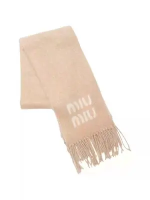 Miu Miu Logo-intarsia Fringed Scarf - Neutrals