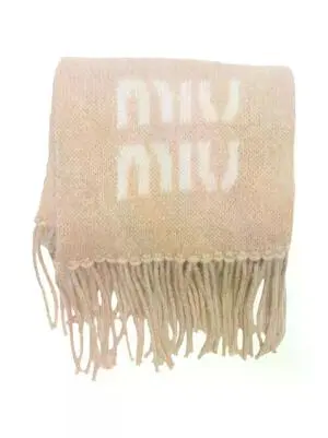 Miu Miu Logo-intarsia Fringed Scarf - Neutrals