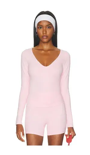 RUNAWAY THE LABEL Zelda Low V-neck Long Sleeve Top In . Also - Pink
