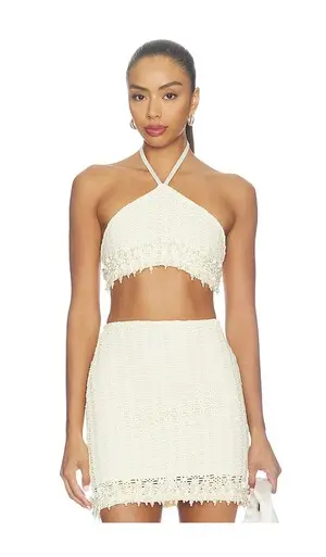 PatBO Mesh Halter Top With Pearl Embellishments - Ivory