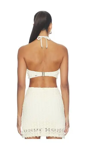 PatBO Mesh Halter Top With Pearl Embellishments