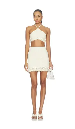 PatBO Mesh Halter Top With Pearl Embellishments