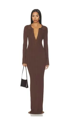 AEXAE Ribbed Knit Maxi Dress With Plunge Neckline
