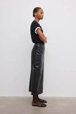 HOUSE OF DAGMAR Leather Button Detailed Midi Skirt