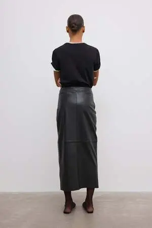 HOUSE OF DAGMAR Leather Button Detailed Midi Skirt