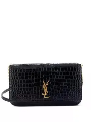 Saint Laurent Monogram Crocodile Embossed Leather Shoulder Bag - Black