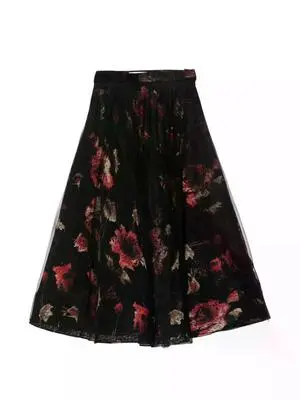 QUETSCHE Floral Lace Tulle Overlay Midi Skirt - Black