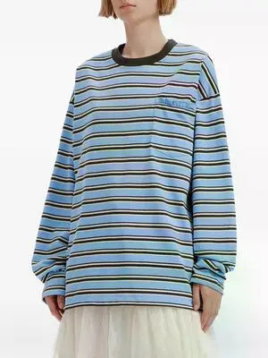 TOUT A COUP Striped Ruffled-pocket T-shirt