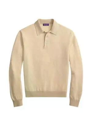 Ralph Lauren Purple Label Champagne Beige Herringbone Knit Polo Collar Sweater