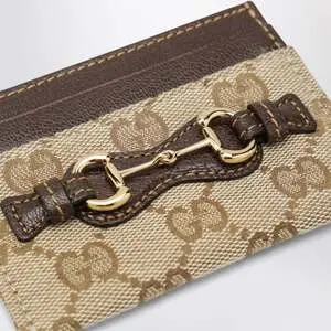 Gucci Horsebit Card Holder In Gg Fabric In /brown