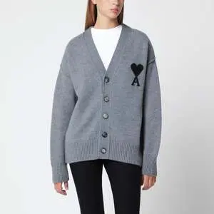 AMI Paris Wool Cardigan With Embroidered De Cœur - Grey