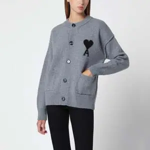 AMI Paris Wool Cardigan With Embroidered De Cœur - Grey