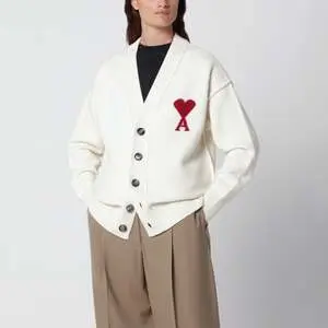 AMI Paris De Coeur Merino Wool Cardigan - White