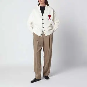 AMI Paris De Coeur Merino Wool Cardigan - White
