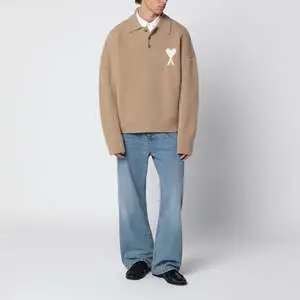 AMI Paris Alpaca-blend Polo Sweater - Beige