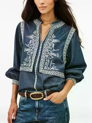 Ba&sh Laura Embroidered Denim Blouse