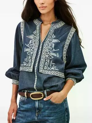 Ba&sh Laura Embroidered Denim Blouse