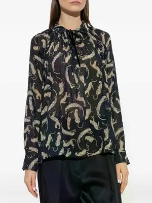 FORTE_FORTE Animal Motif Tie Neck Blouse
