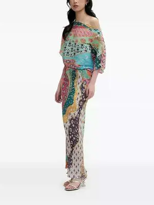 NEVER FULLY DRESSED Plissé Patchwork-print Midi Dress