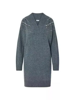 Liu Jo Embellished V-neck Knit Dress In Pure Wool - Grey