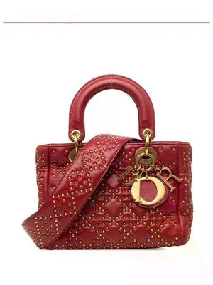 Dior Small Lambskin Cannage Studded Lady Satchel - Red