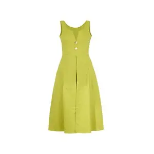 ZETAYE Celeste Linen Cotton V-neck Button Detailed Midi Dress - Green