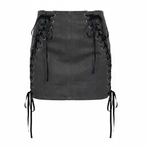 THE COOLGIRL NYC The Niki Lace-Up Waxed Cotton Canvas Mini Skirt Grey