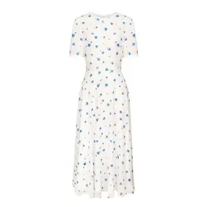 POST MERIDIEM Printed Short Sleeve Floral Midi Dress - Blue