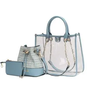 MKF COLLECTION - J'OMOR Diva Pvc Tote Bag With Tweed Bucket Bag - Blue