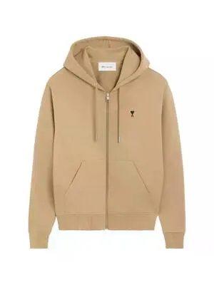 AMI Paris Zipped Cotton Hoodie With De Coeur Embroidery - Neutrals