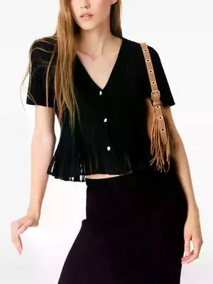 Maje Ribbed-knit Cardigan With Ruffled Hem - Black