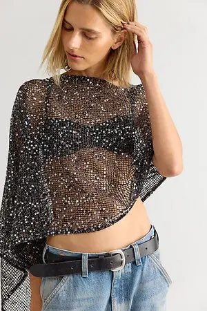 Free People Maggie Sequin Embellished Poncho Jacket - Black