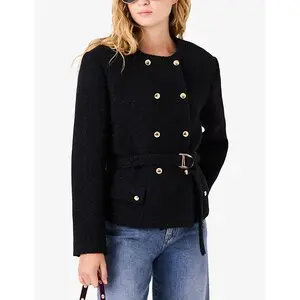 Maje Belted-waist Double-breasted Woven Jacket